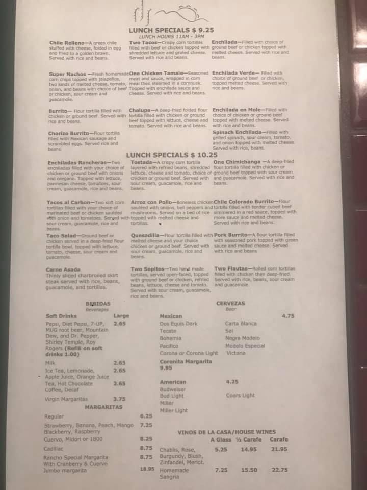 Menu at El Rancho restaurant, Montesano