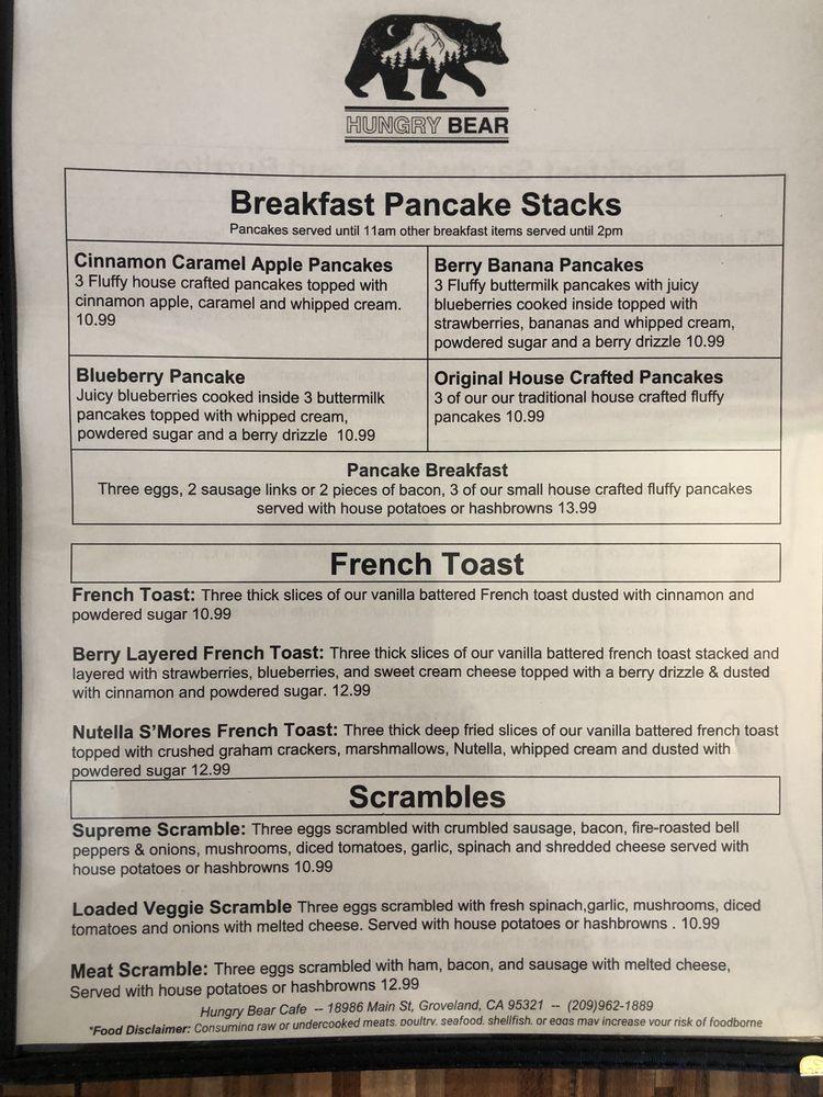 Menu at Hungry Bear Cafe, Groveland