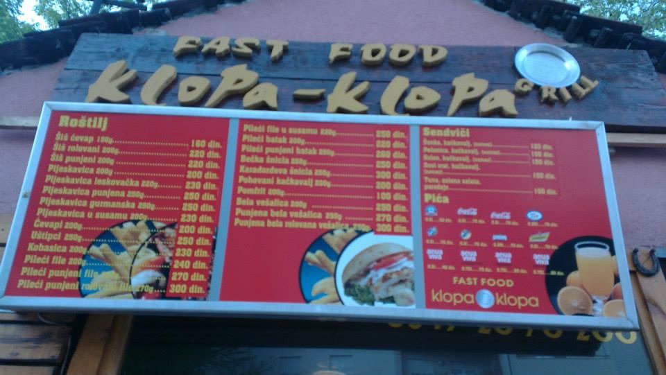 Menu at Klopa-Klopa restaurant, Belgrade