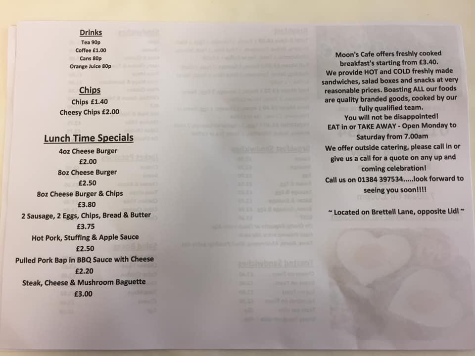 Menu at Moon's Cafe, Stourbridge