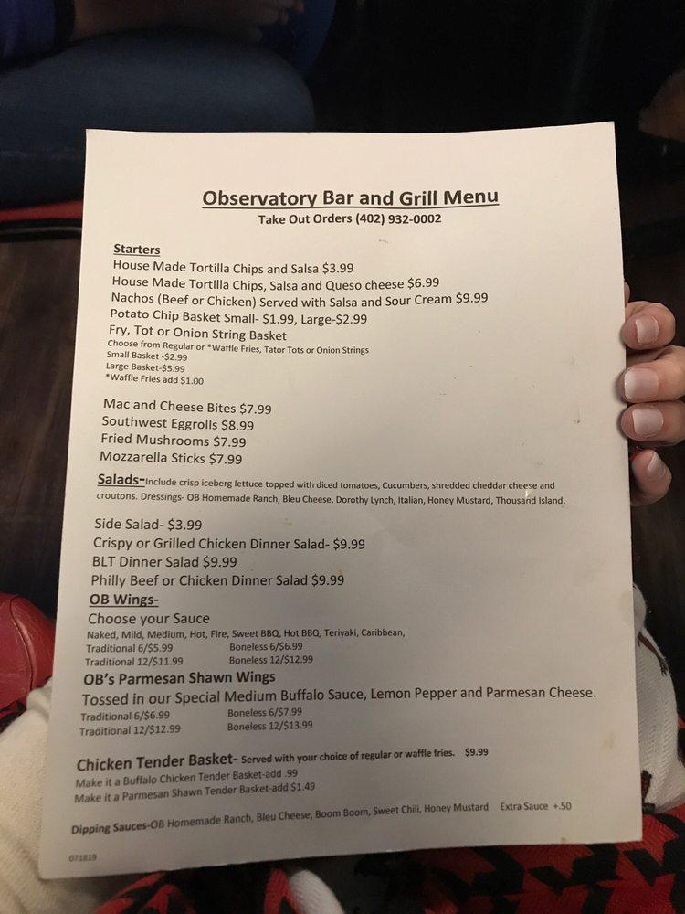 Menu at Observatory Bar And Grill, Omaha, W Center Rd