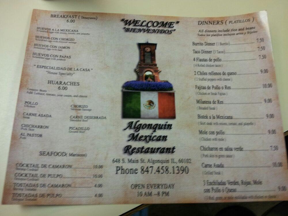 Menu at Algonquin Mexican Restaurant, Algonquin
