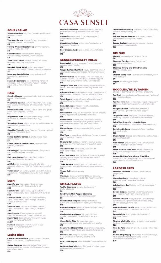 Menu at Casa Sensei restaurant, Fort Lauderdale, E Las Olas Blvd STE 101