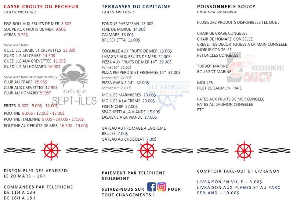 Menu au Casse-Croûte du Pêcheur restaurant, Sept-Iles
