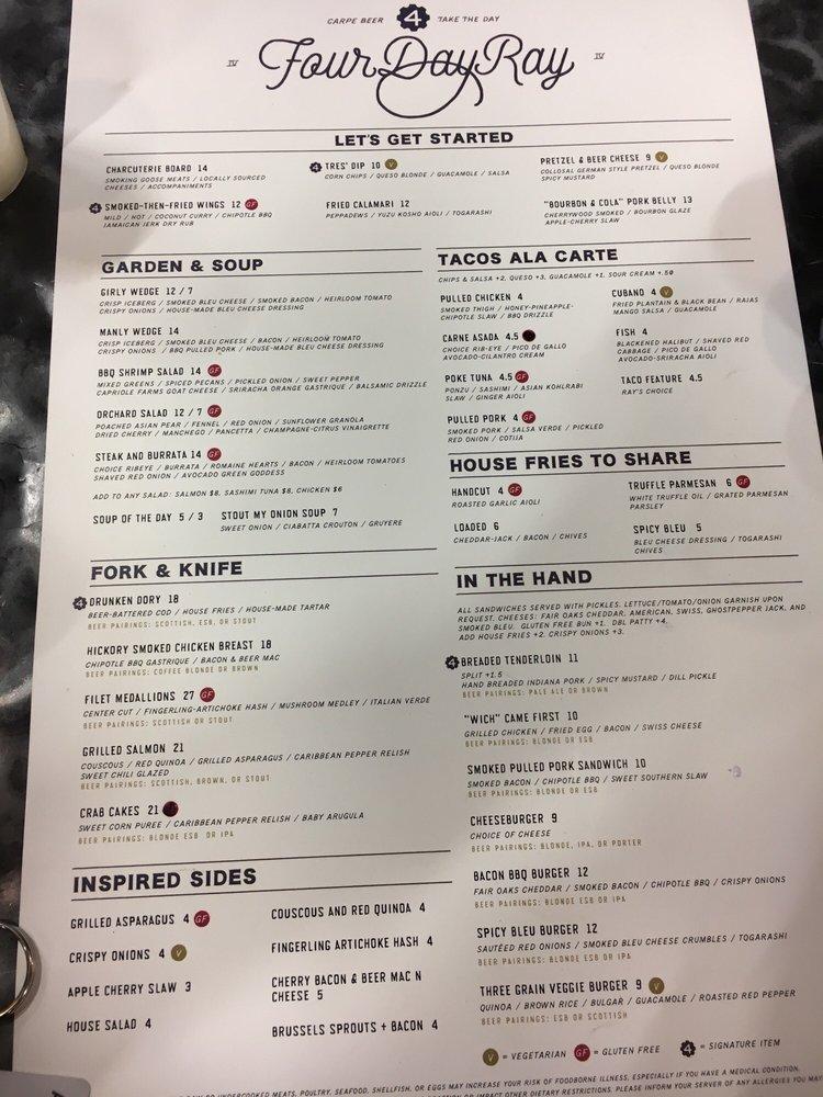 Menu at Four Day Ray Brewing pub & bar, Fishers