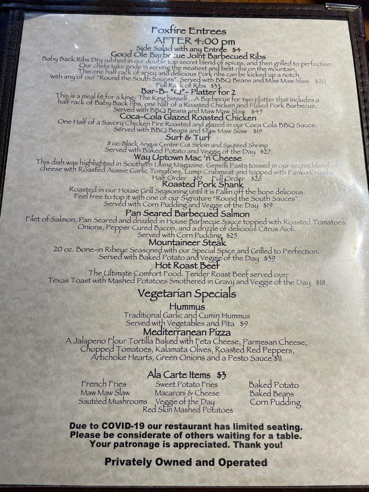 Menu at Foxfire Grille pub & bar, Snowshoe