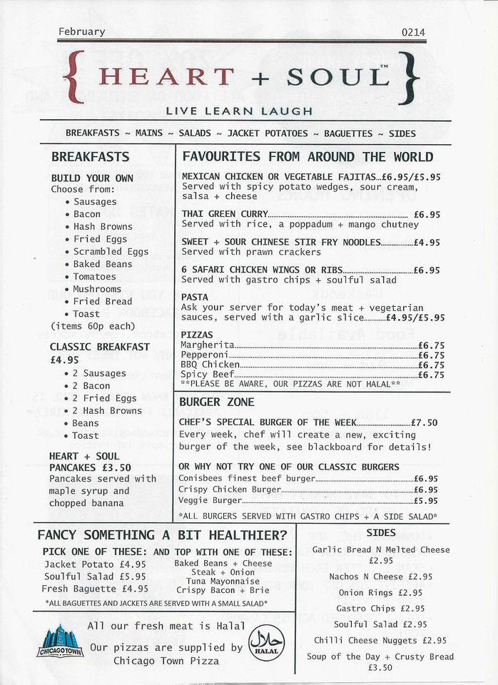 Menu at Heart + Soul restaurant, Guildford