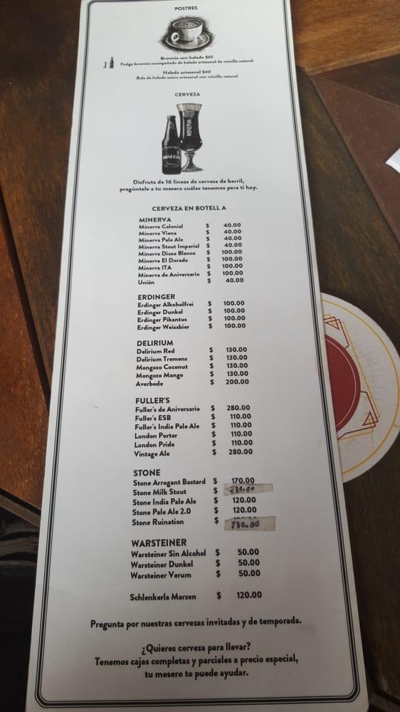 Menu at Minerva pub & bar, Zapopan