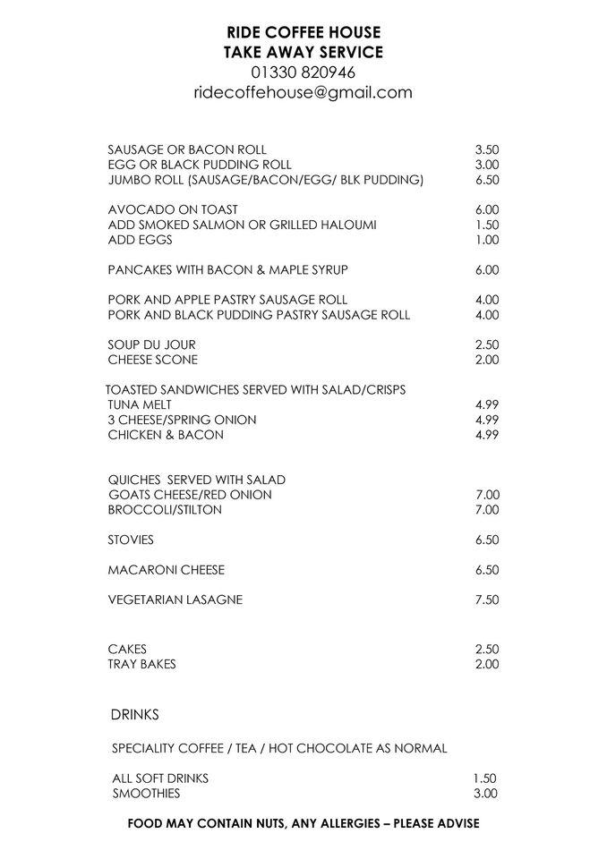 Menu at Ride Coffee House, Banchory