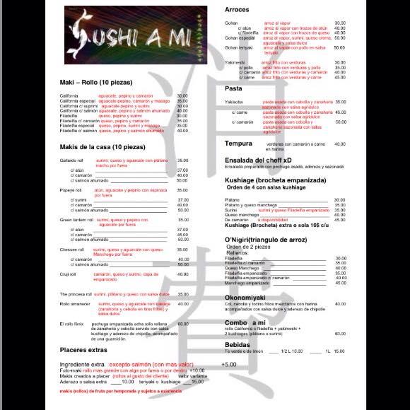 Menu at Sushi a mi restaurant, Mexico City