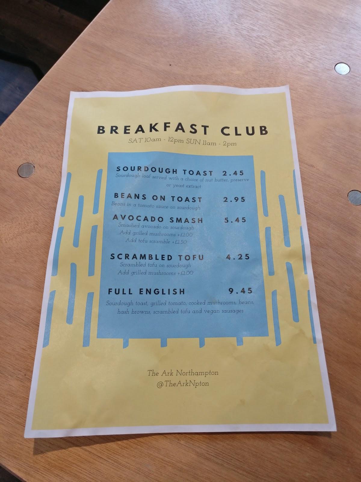 Menu at The Ark cafe, Northampton