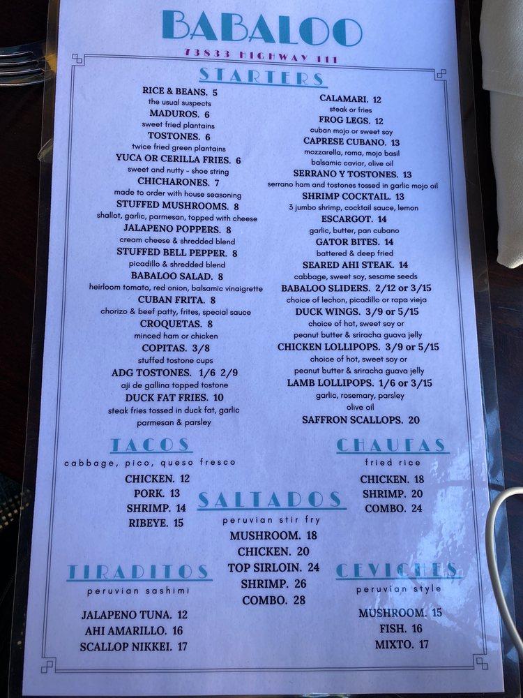 Menu at BaBaLoo Lounge restaurant, Palm Desert