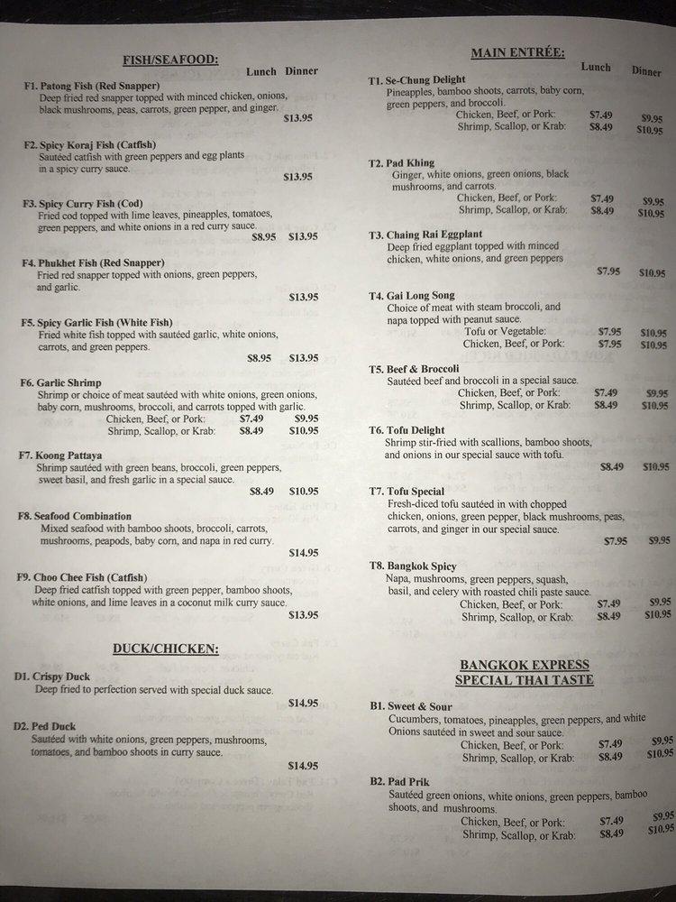 Menu at Bangkok Express Cafe, Southfield