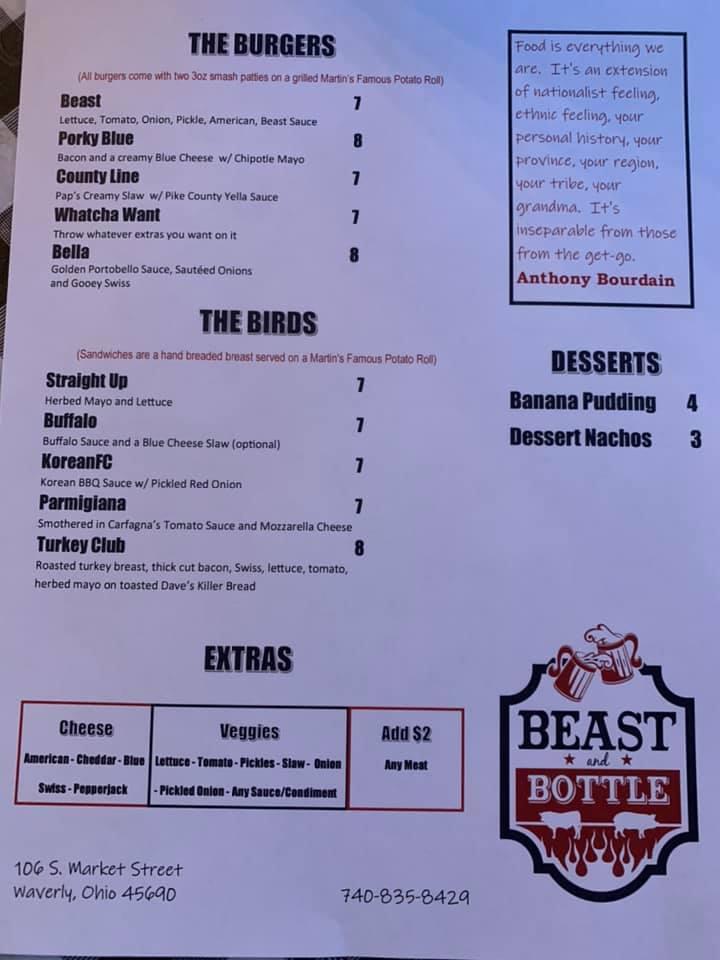 Menu at Beast and Bottle BBQ, Waverly
