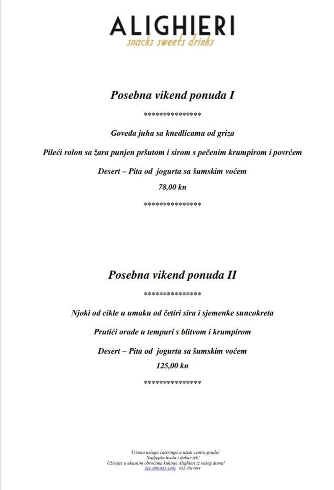 Menu at Bistro Alighieri restaurant, Pula