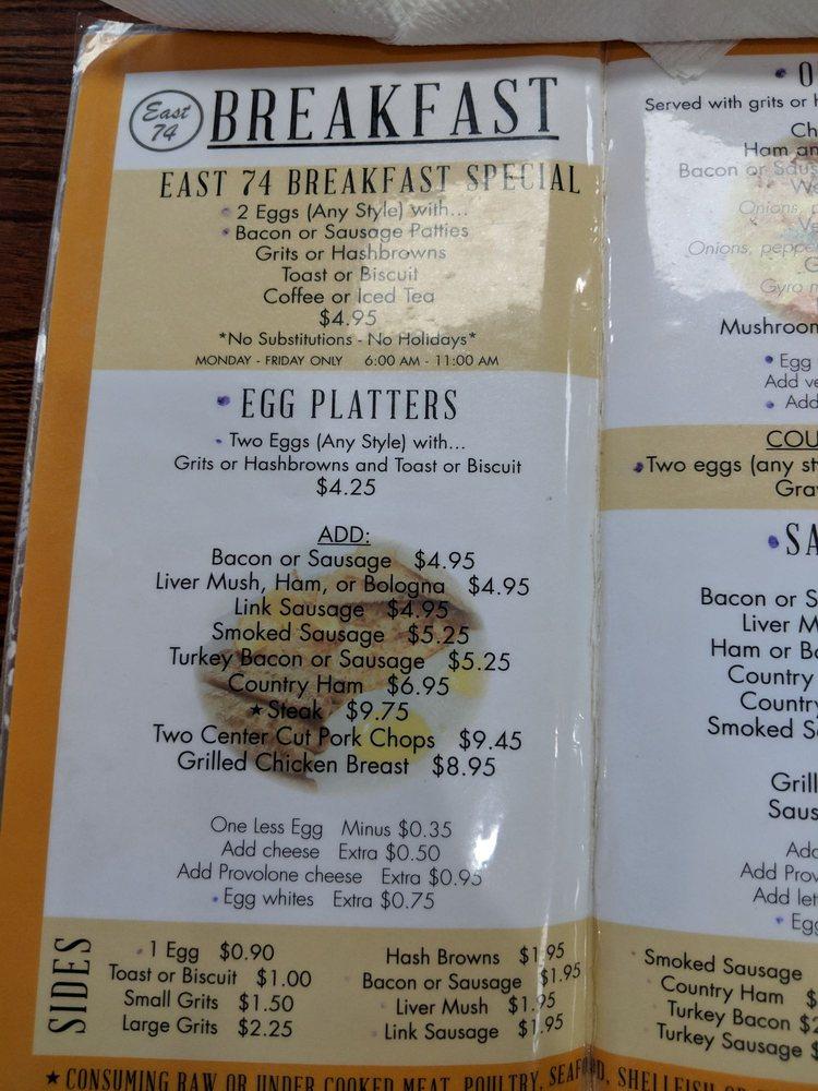 Menu at East 74 Restaurant, Matthews, Monroe Rd