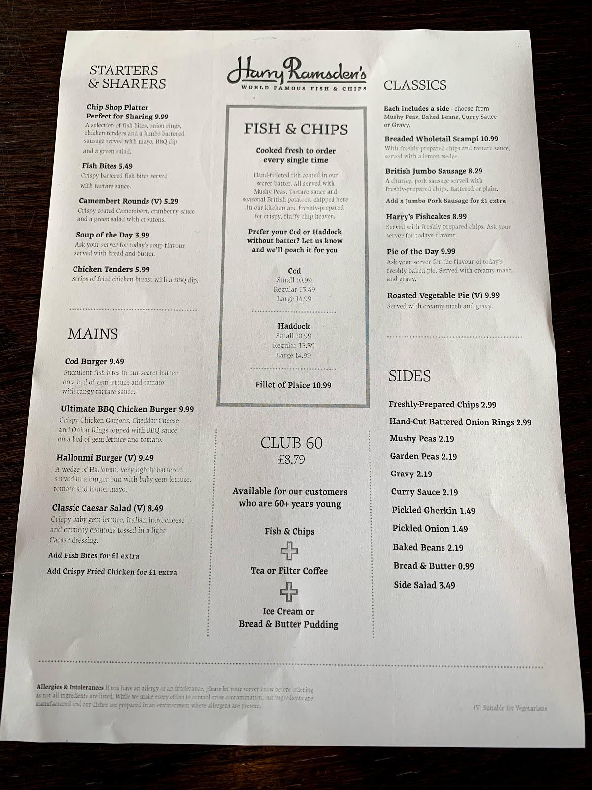 Menu at Harry Ramsden's fast food, Swanage