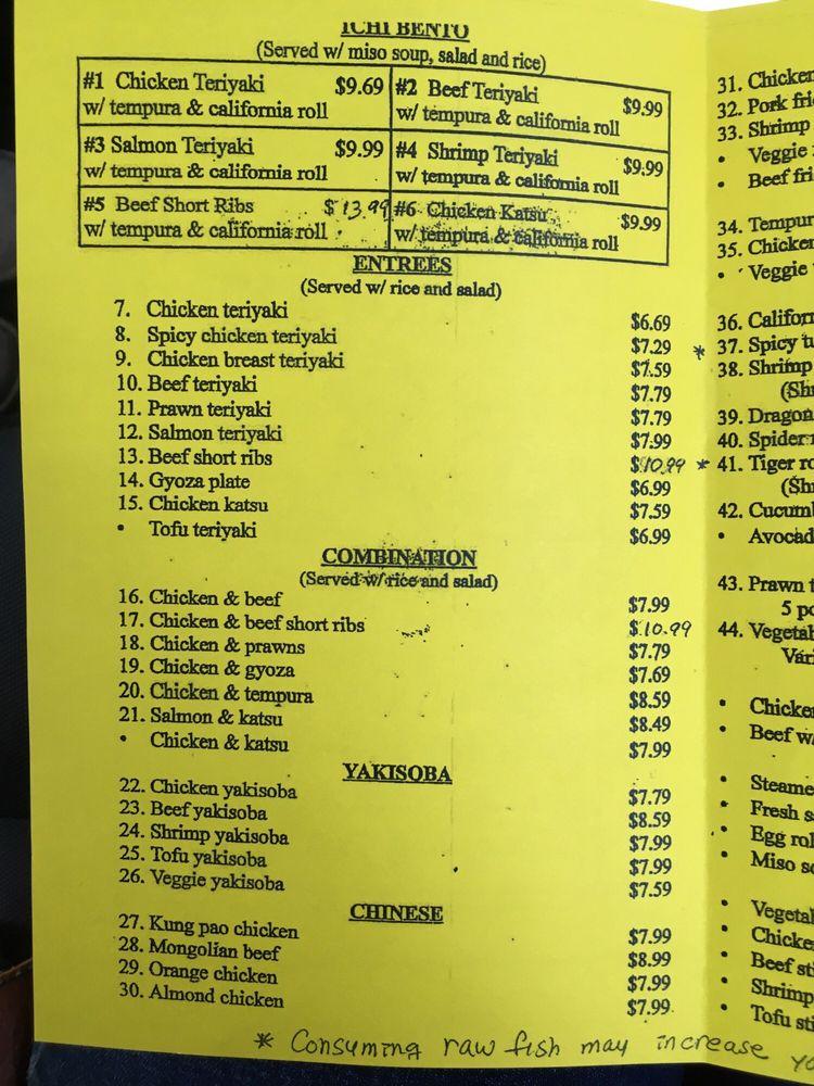 Menu at Ichi Bento restaurant, Shoreline