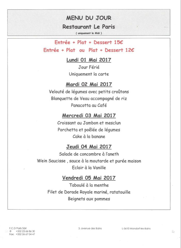 Menu at Le Paris restaurant, Mondorf-les-Bains, 3 Av. des Bains