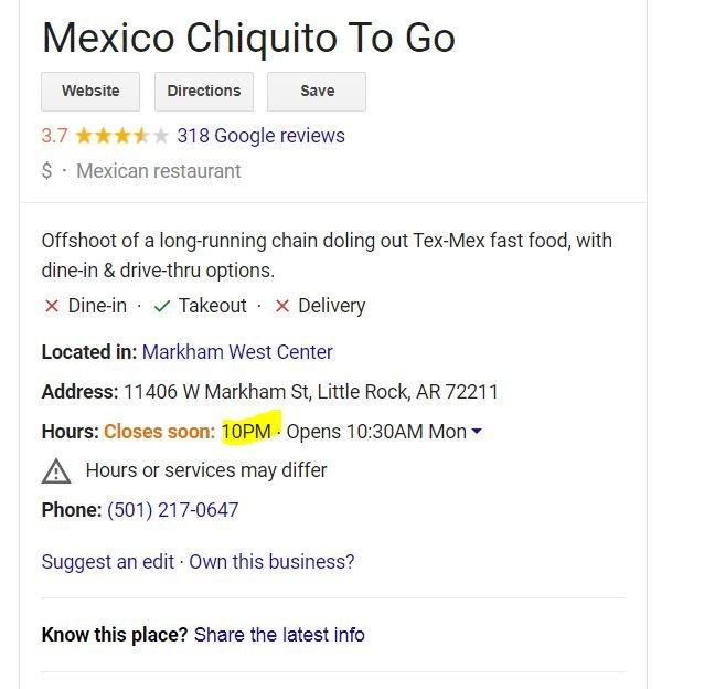 Menu at Mexico Chiquito To Go restaurant, Little Rock, W Markham St