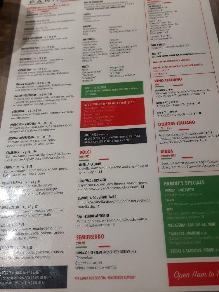 Menu at Panini's Italian Cucina cafe, Edmonton
