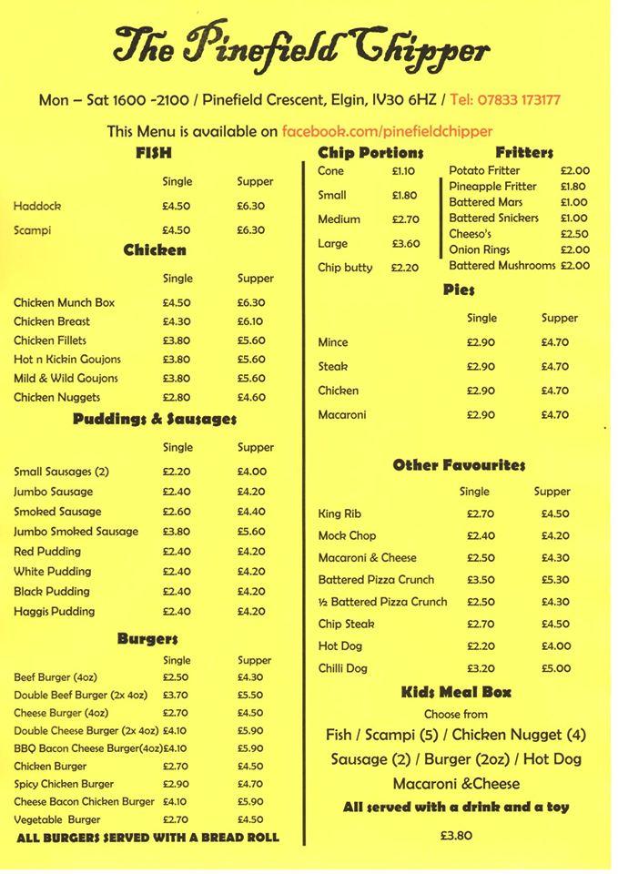 Menu at Pinefield Chippy restaurant, Elgin