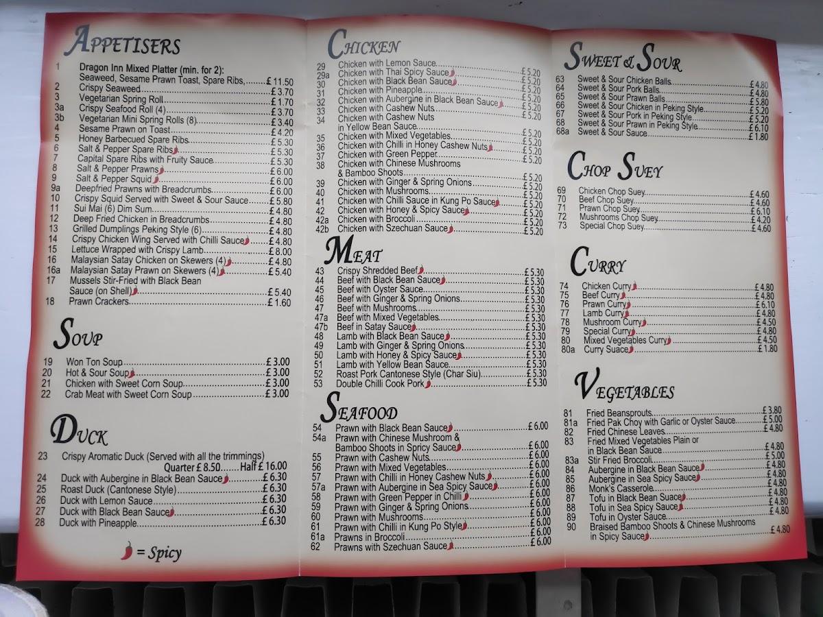 Menu at The Dragon Inn fast food, London, 179 S Ealing Rd