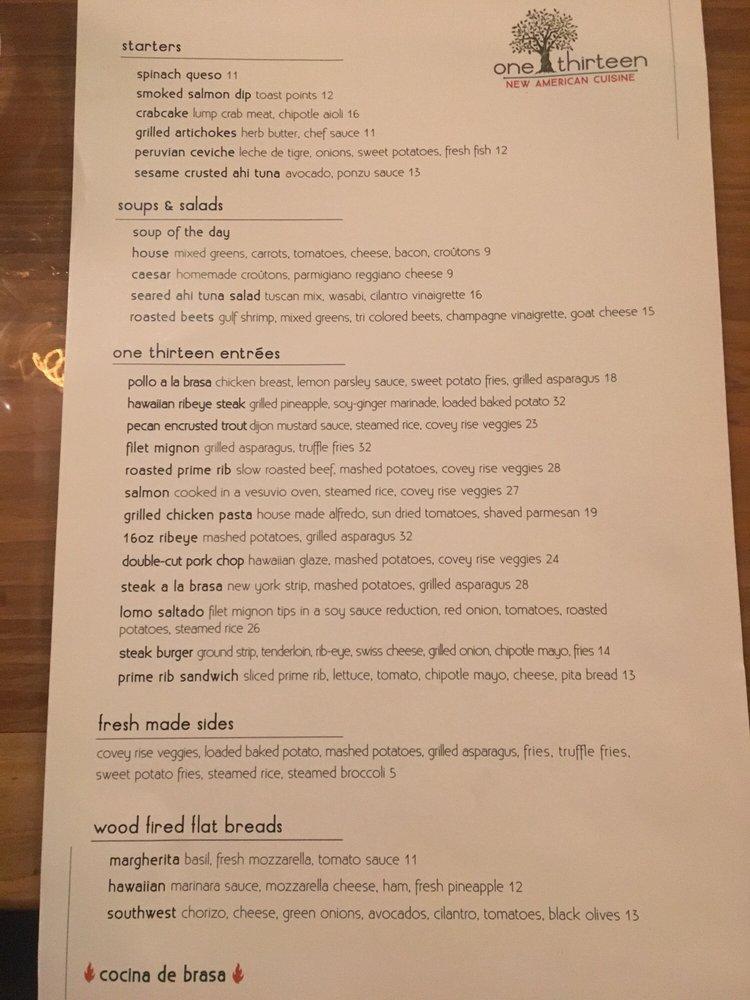 Menu at one thirteen restaurant, Hammond