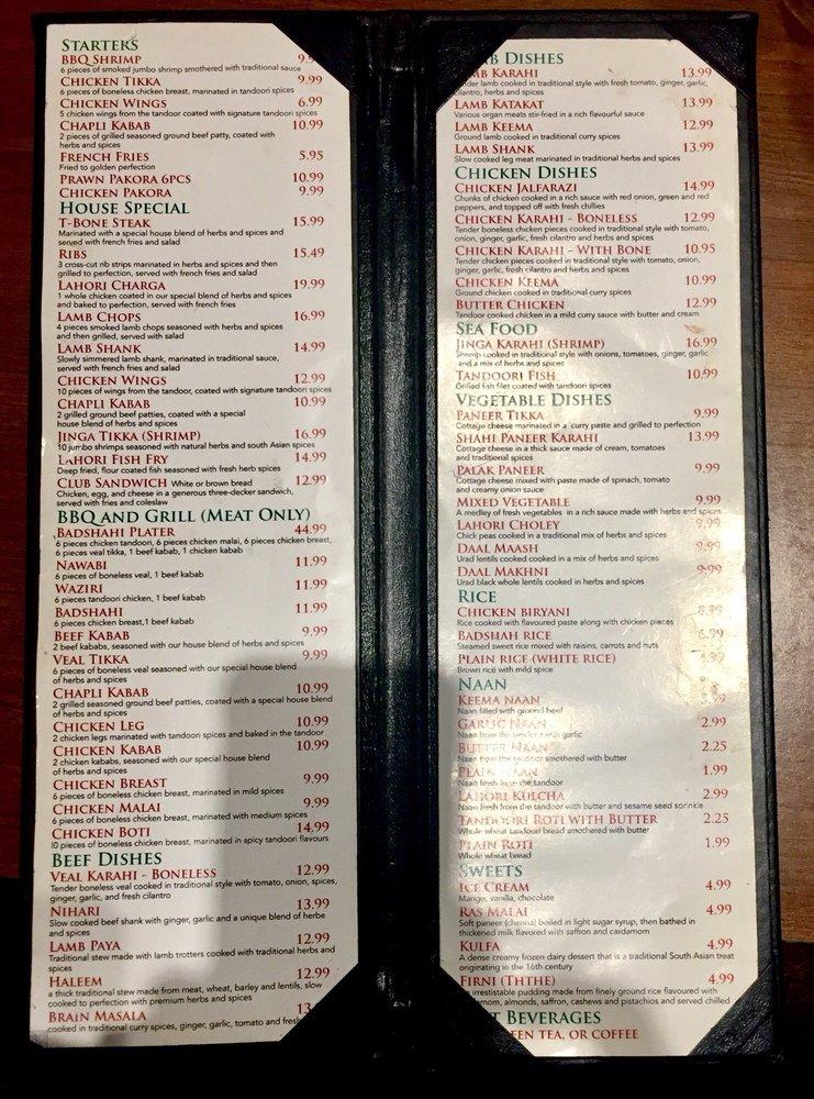 Menu at Badshah Grill restaurant, Mississauga