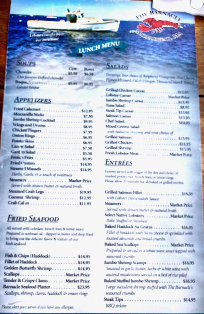 Menu at Barnacle Restaurant Inc, Marblehead