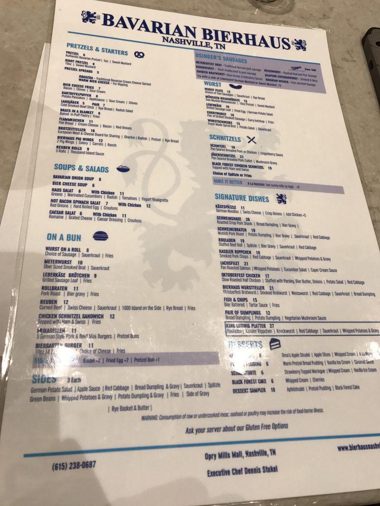 Menu at Bavarian Bierhaus pub & bar, Nashville, 121 Opry Mills Dr