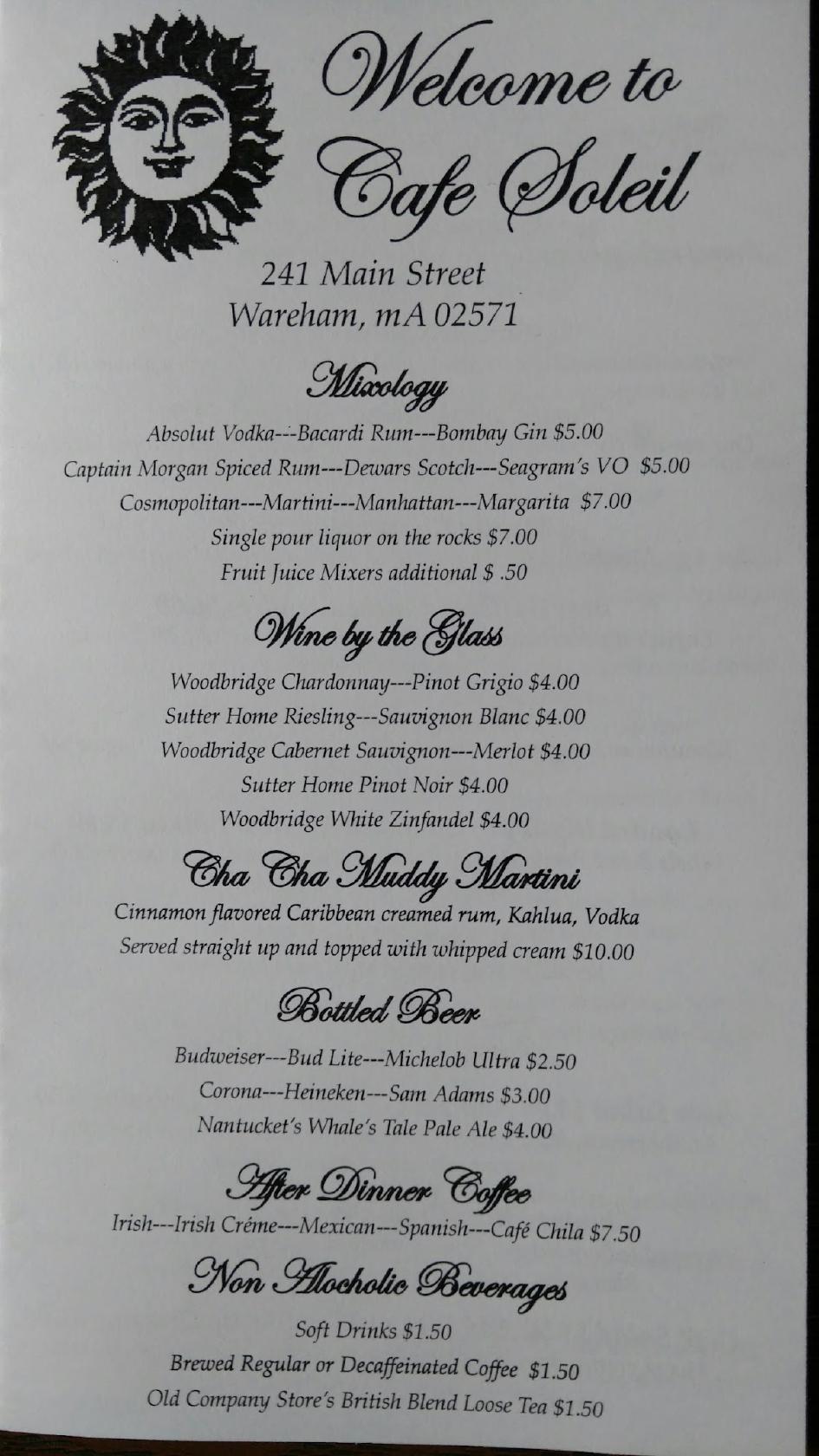 Menu at Cafe Soleil, Wareham
