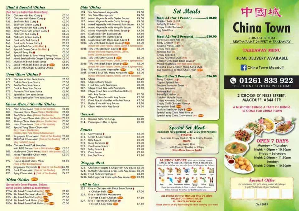 Carta del restaurante China Town, Macduff