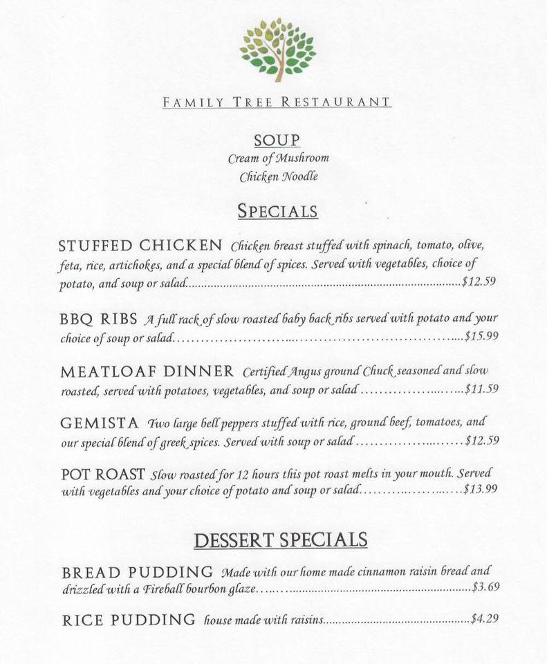 Menu at Family Tree restaurant, Buffalo, Bailey Ave