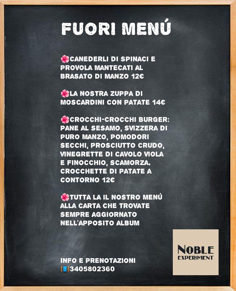 Menu da Noble Experiment pub & bar, Pegognaga