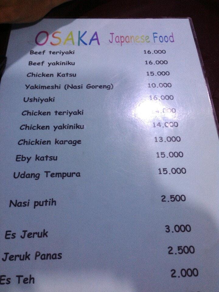 Menu at Osaka Japanese Food restaurant, Semarang