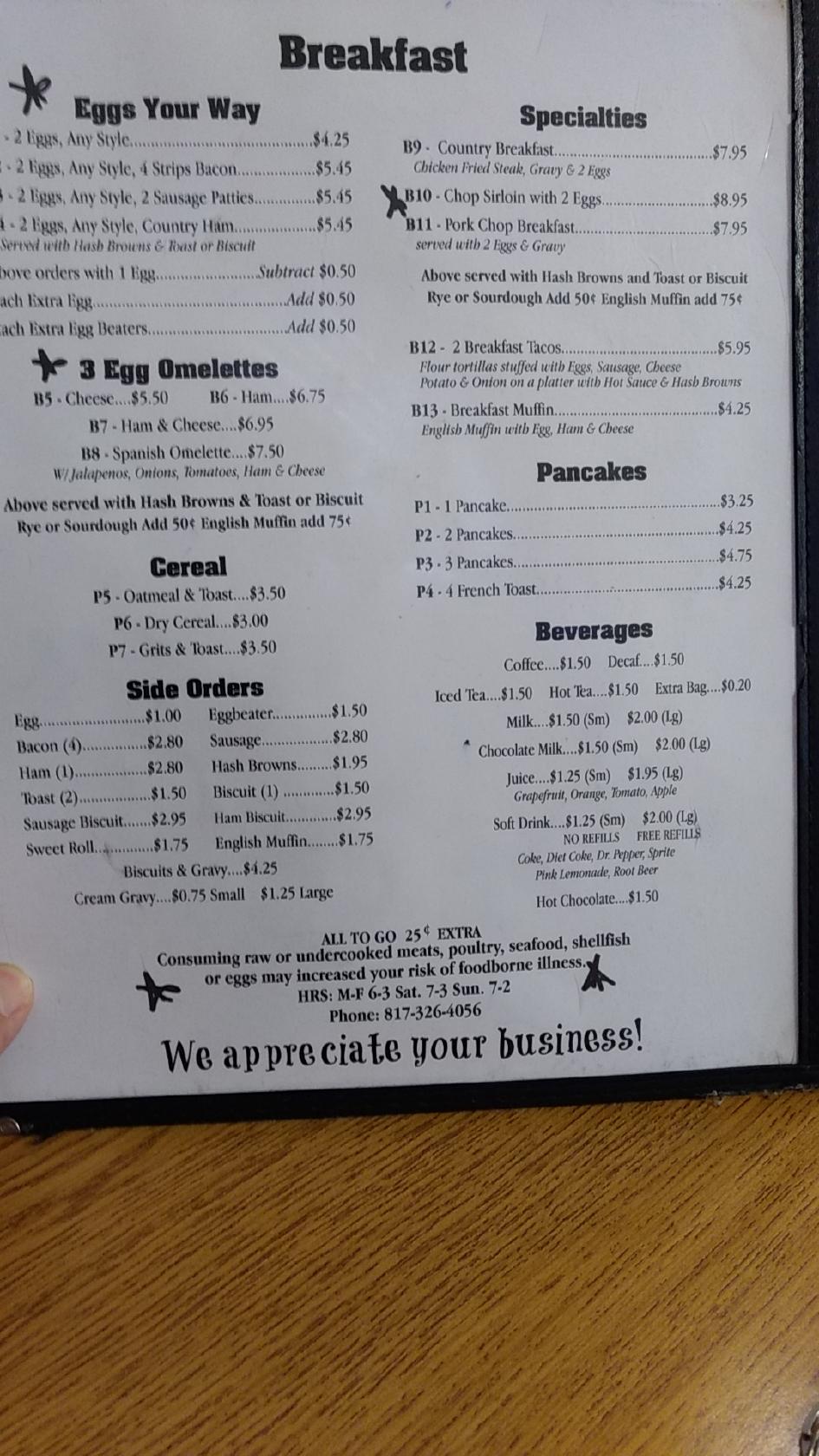 Menu at Pam's Too restaurant, Granbury