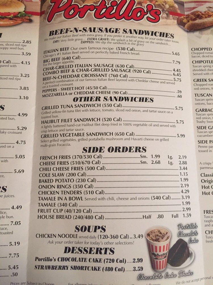 Menu at Portillo's Moreno Valley restaurant, Moreno Valley