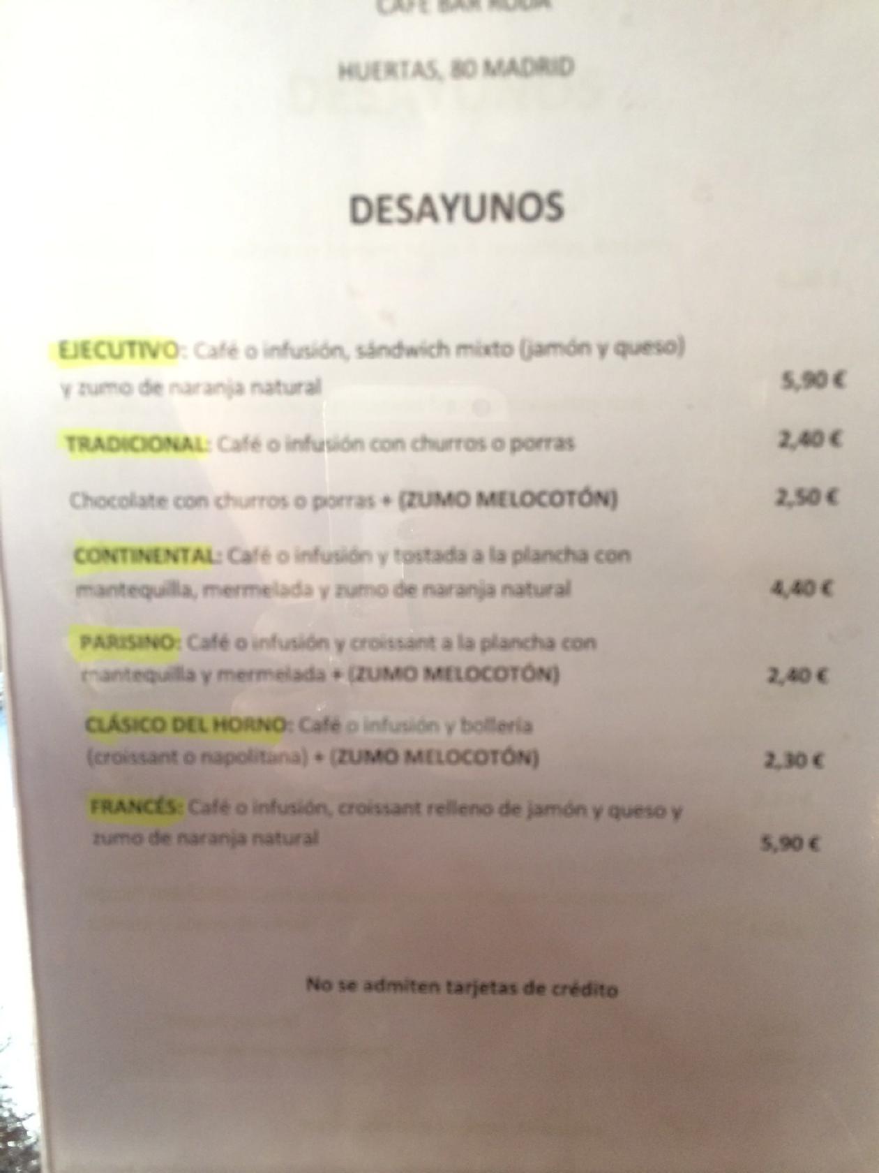 Menu at Roda pub & bar, Madrid