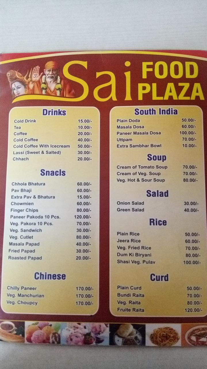 Menu at Sai Food Plaza, Kotputli, M6V2+2F3