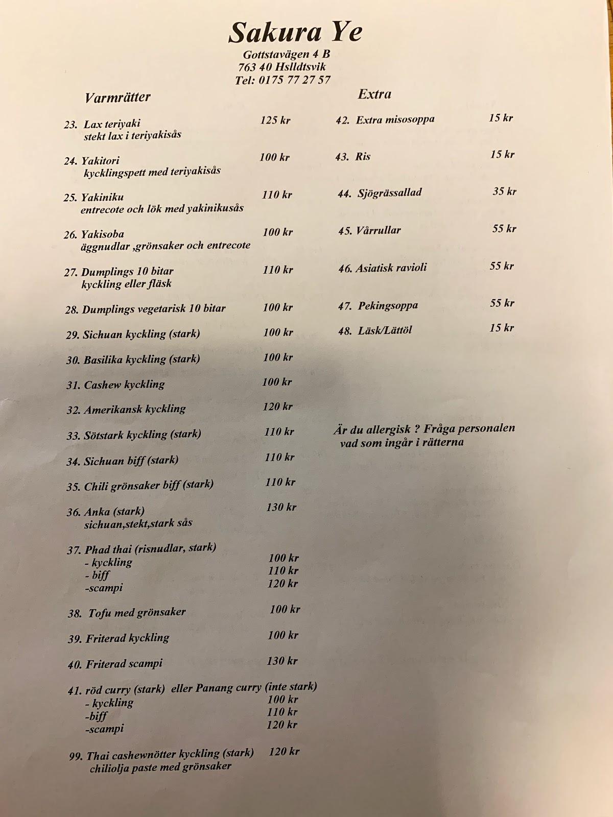 Menu at Sakura Ye Sushi & Wok restaurant, Sweden