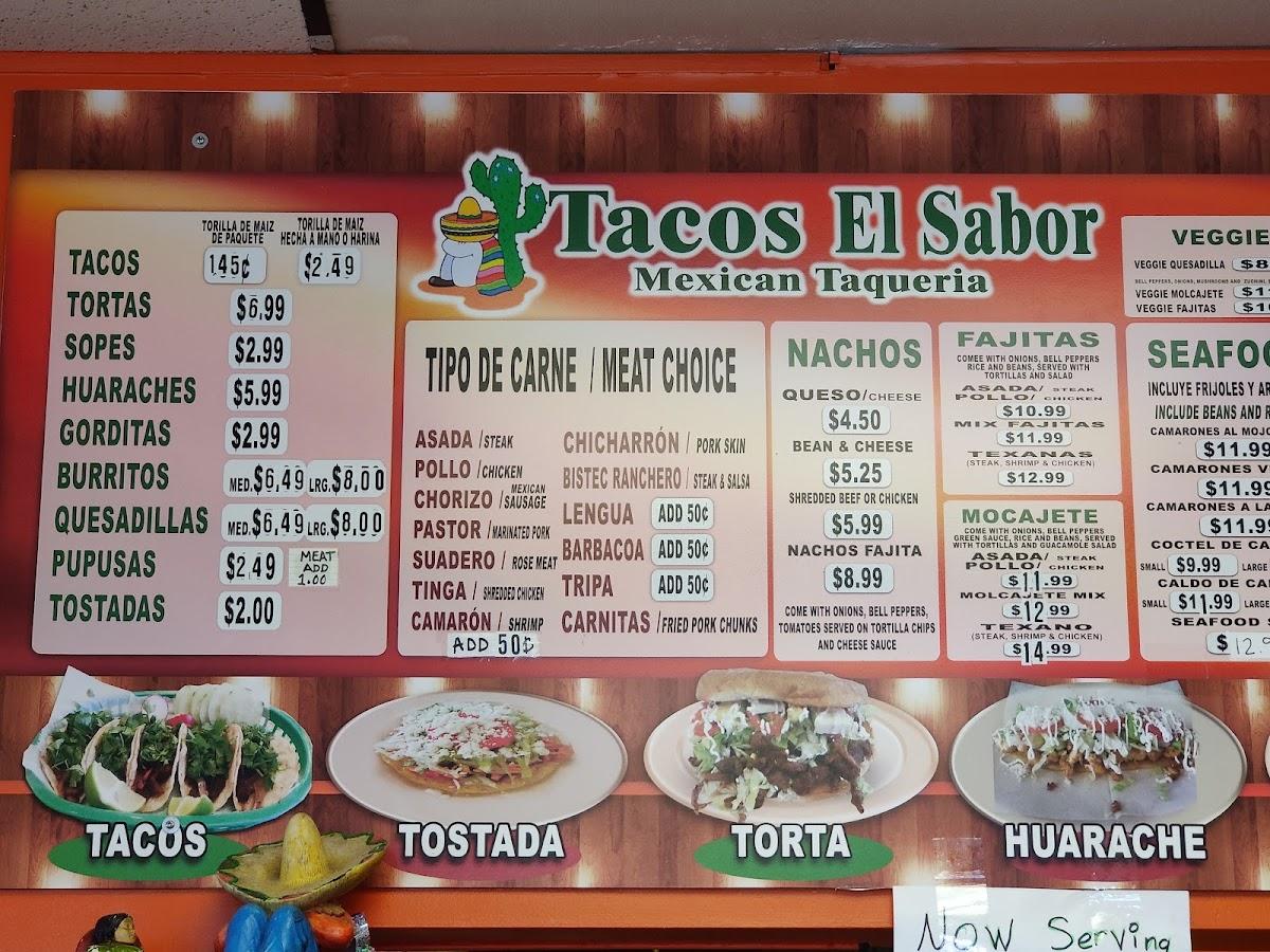 Menu at Tacos El Sabor restaurant, Woodstock, Hwy 92 #100