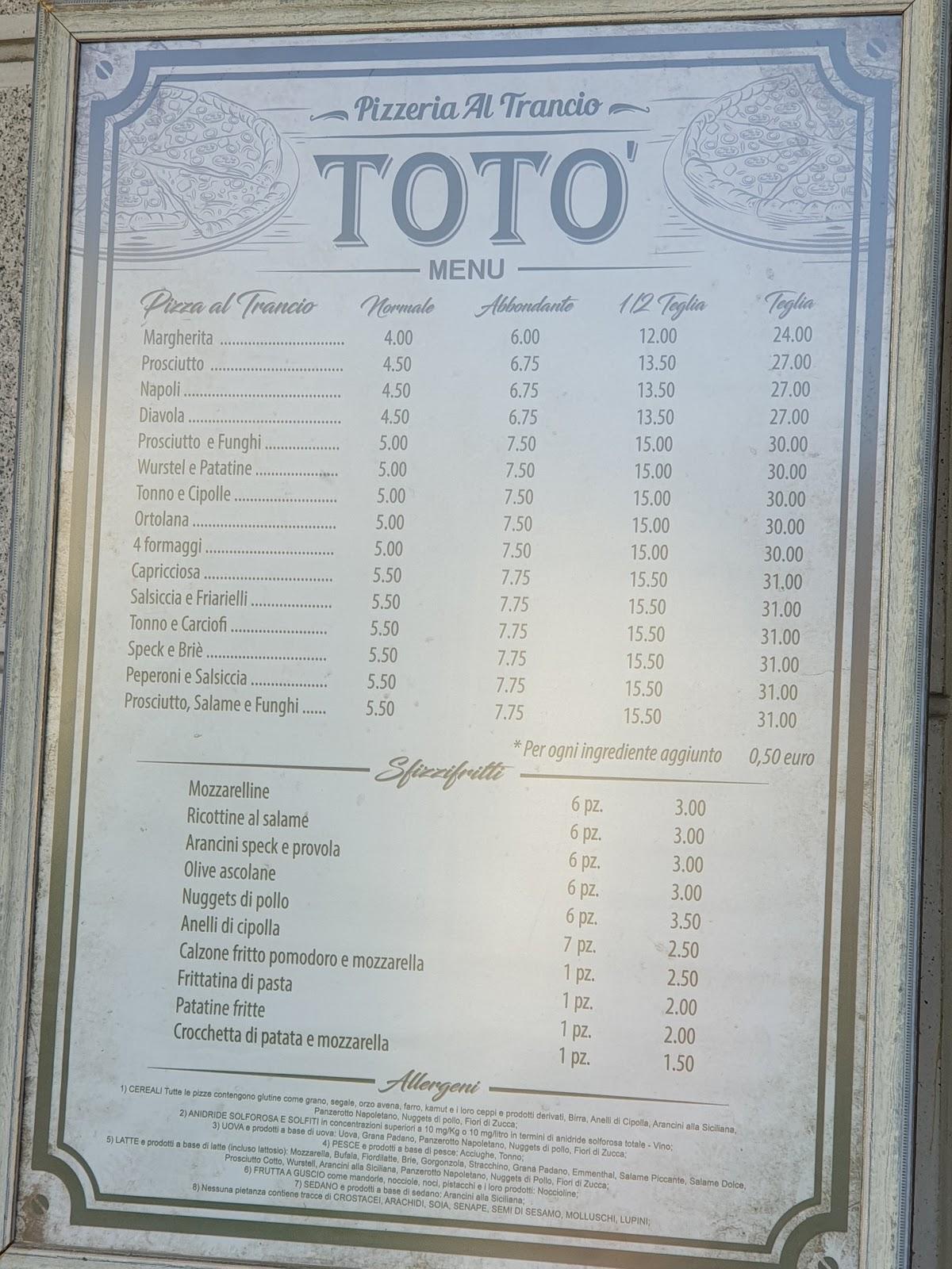 Menu da Totò Pizzeria al Trancio, Lissone