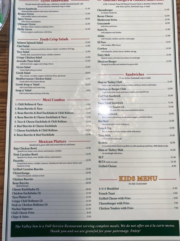Menu at Valley Inn Restaurant, Lakewood