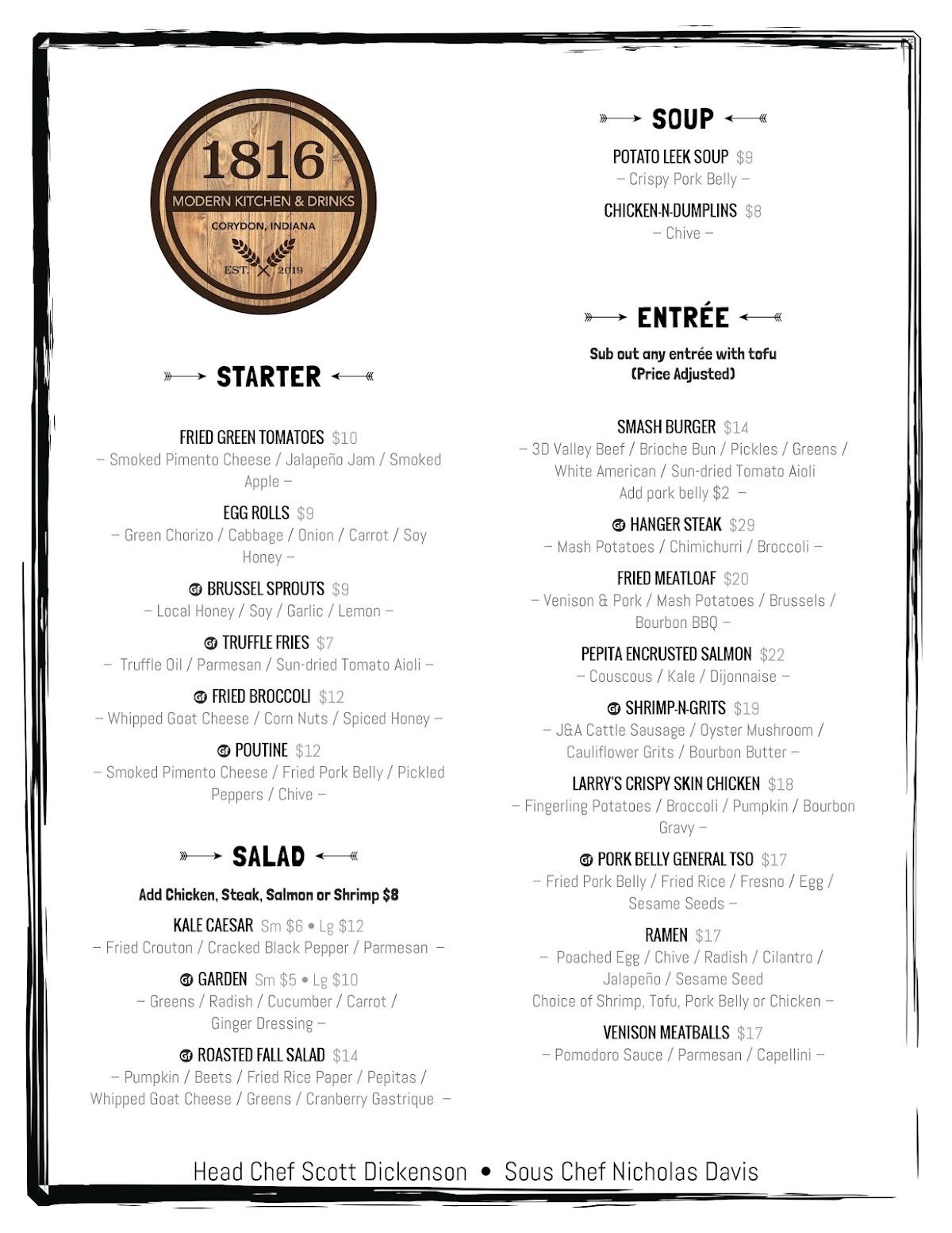 Menu at 1816 Modern Kitchen & Drinks restaurant, Corydon