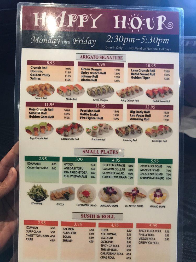 Menu at Arigato Sushi restaurant, Salinas