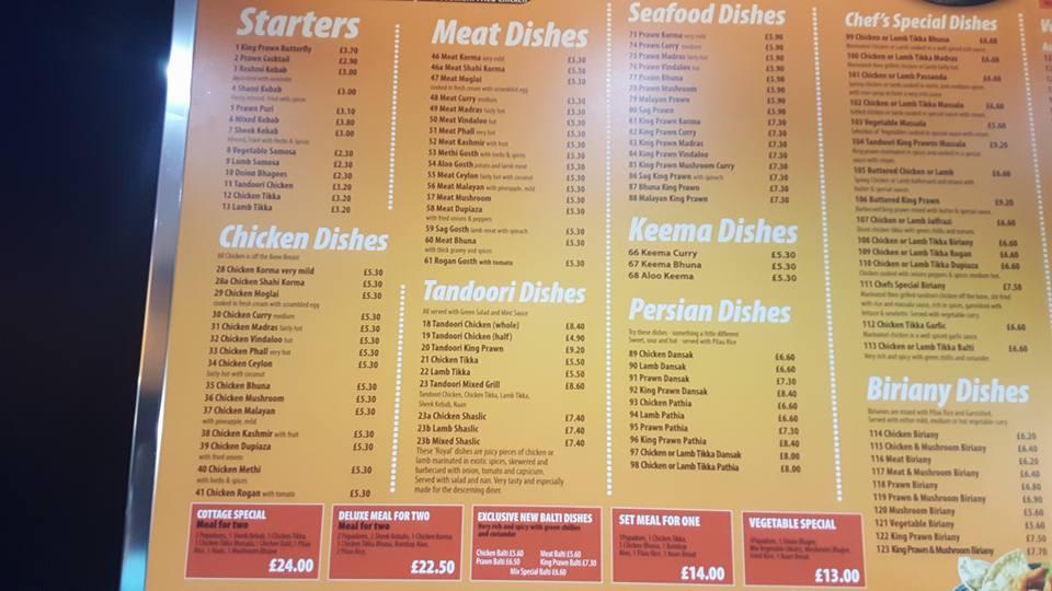 Menu at Curry Cottage restaurant, Peterborough