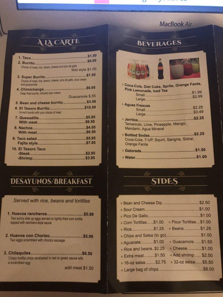Menu at El Tesoro Mazatlan restaurant, Vallejo
