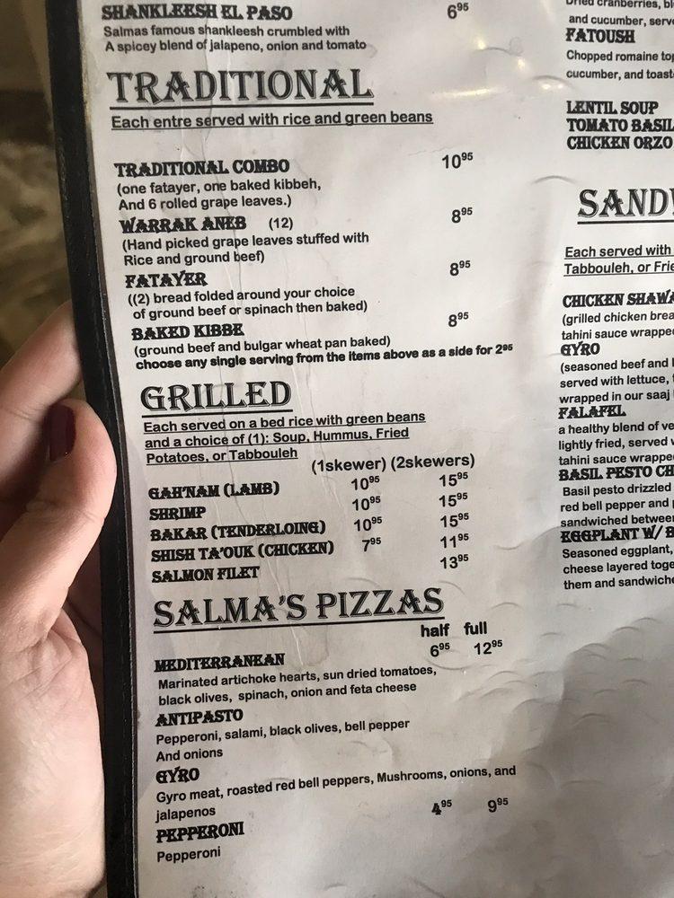 Menu at Farah's Mediterranean restaurant, El Paso