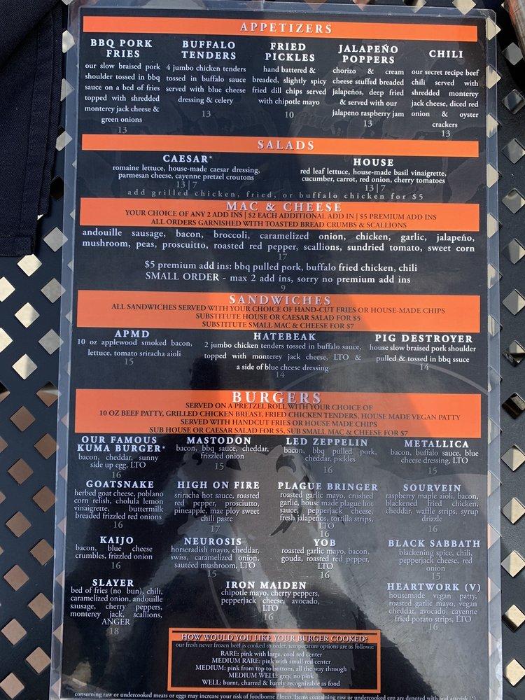 Menu at Kuma's Corner restaurant, Indianapolis